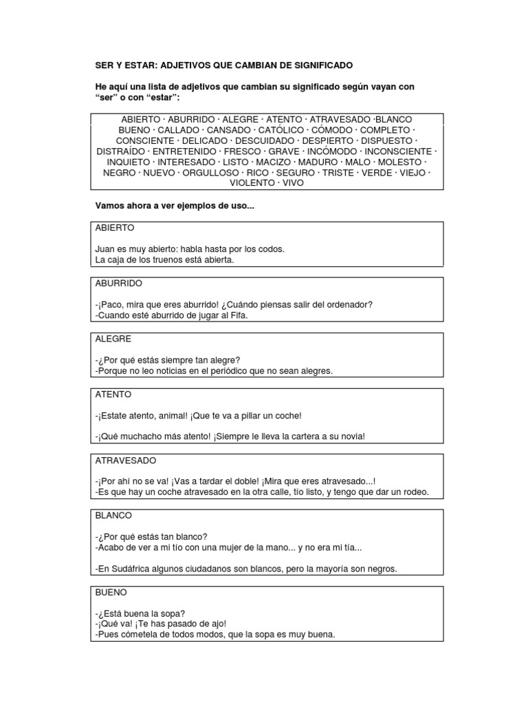 Adjetivos con "Ser" y "Estar" | PDF | Alimentos