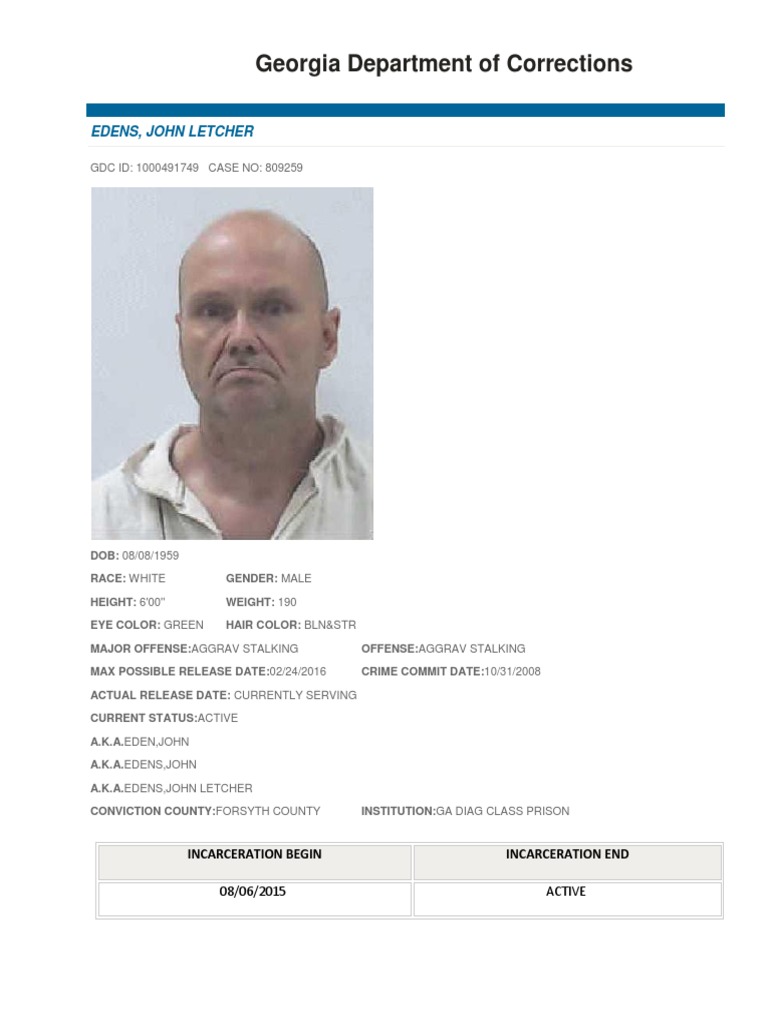 John Letcher Edens Department of Corrections Inmate Detail Sheet | PDF
