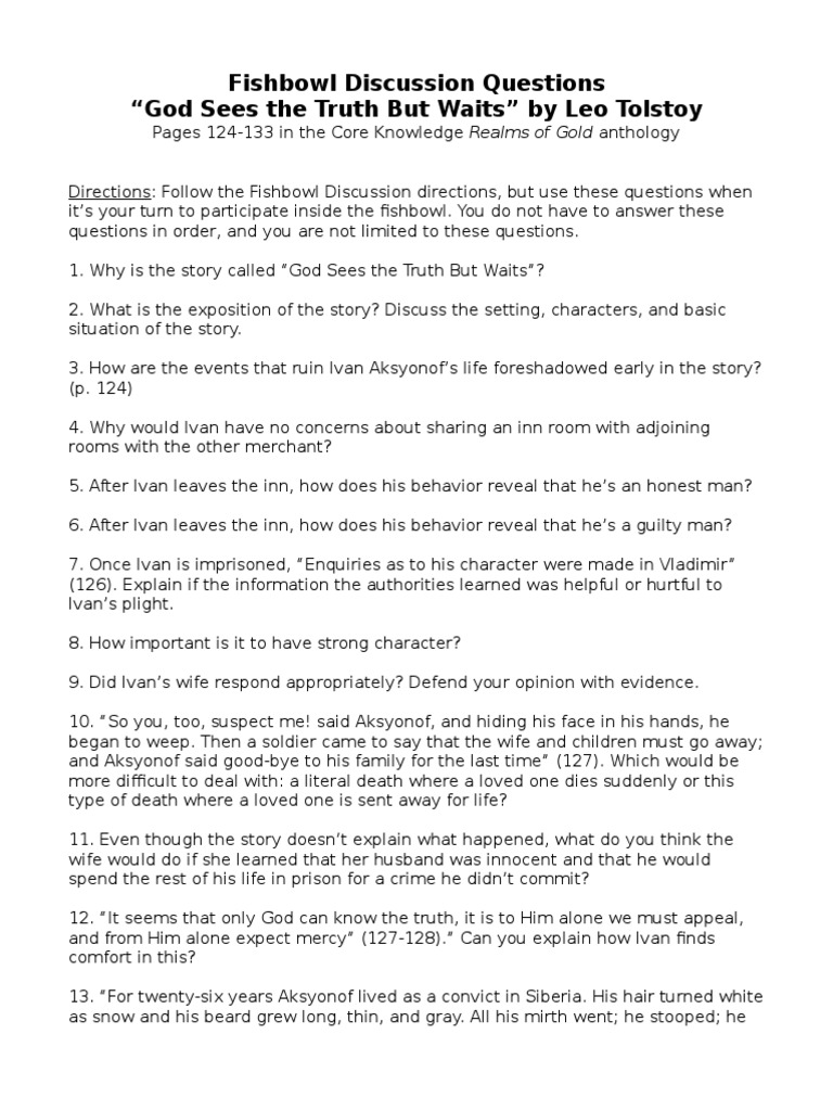 Fishbowl Discussion Questions GOD SEES TRUTH WAITS | PDF | Prayer | Prison