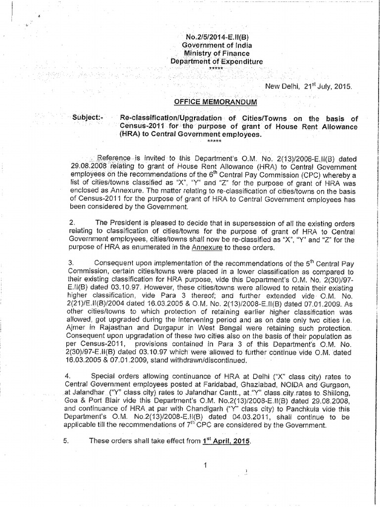 HRA - Reclassification of Cities PDF | PDF