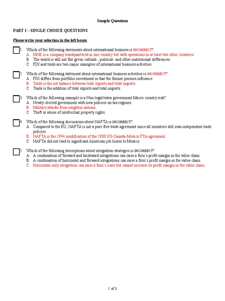 Sample Questions Part I - Single Choice Questions Please Write Your ...