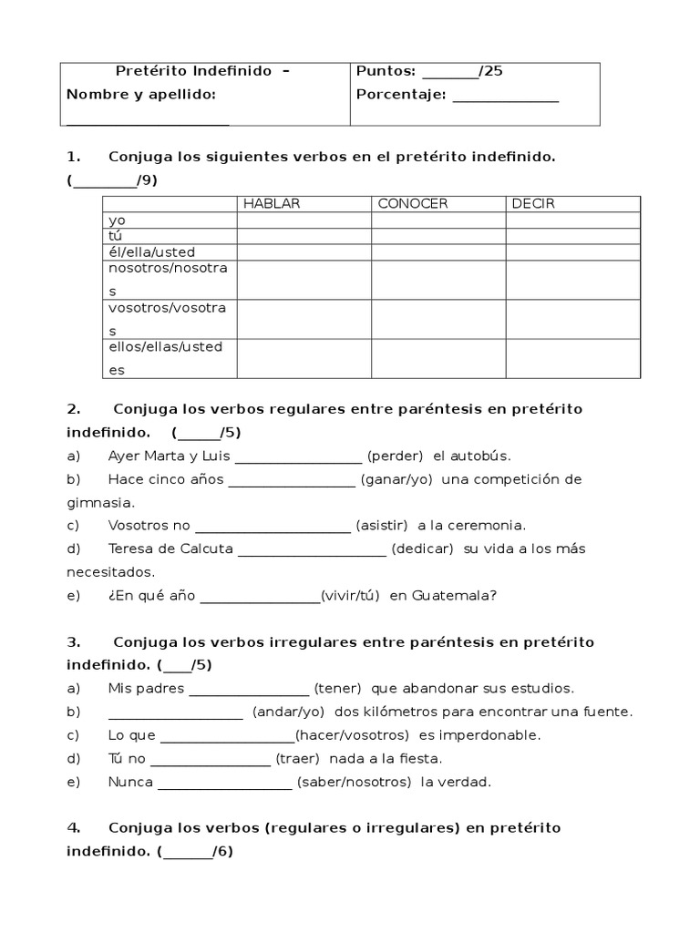 Pretérito Indefinido - MINI TEST | PDF | Métodos y materiales de enseñanza