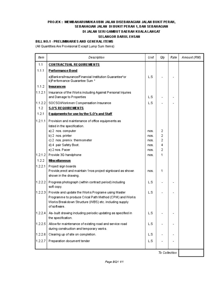Item Description Unit Qty Rate Amount (RM) : Page BQ1 1/1 | PDF | Road ...