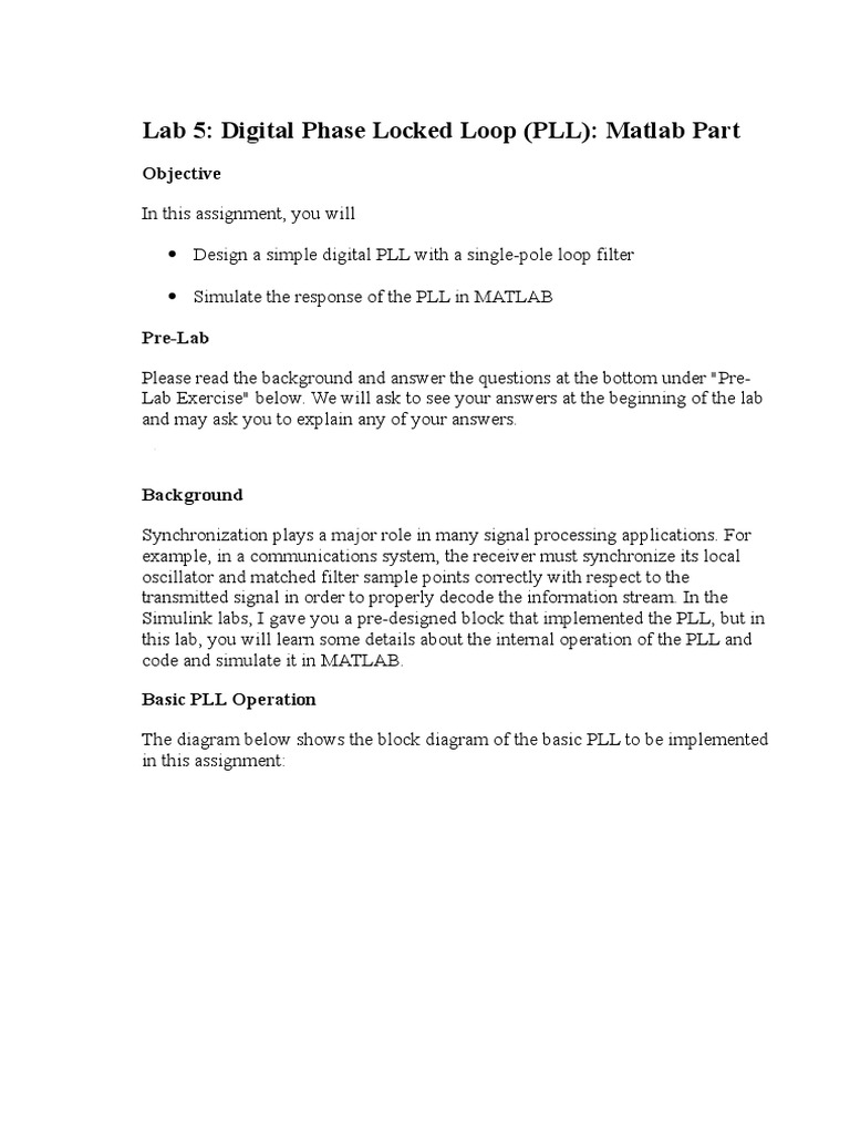 Lab 5: Digital Phase Locked Loop (PLL) : Matlab Part: Objective | PDF ...