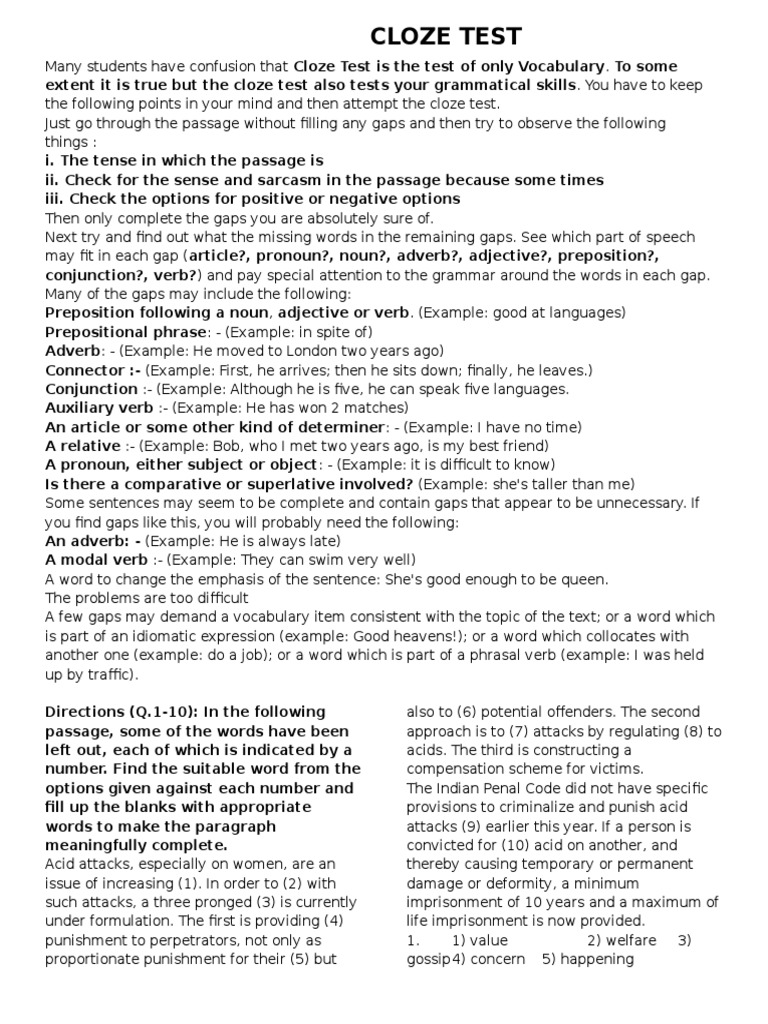Cloze Test - 1 | PDF | Preposition And Postposition | Verb