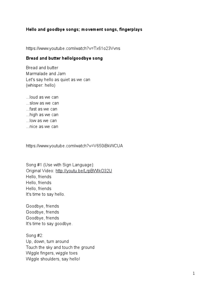 Hello and Goodbye Songs for Kids | PDF | Leisure | Entertainment (General)