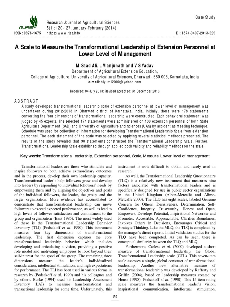 A Scale To Measure The Transformational Leadership of Extension Personnel at Lower Level of ...