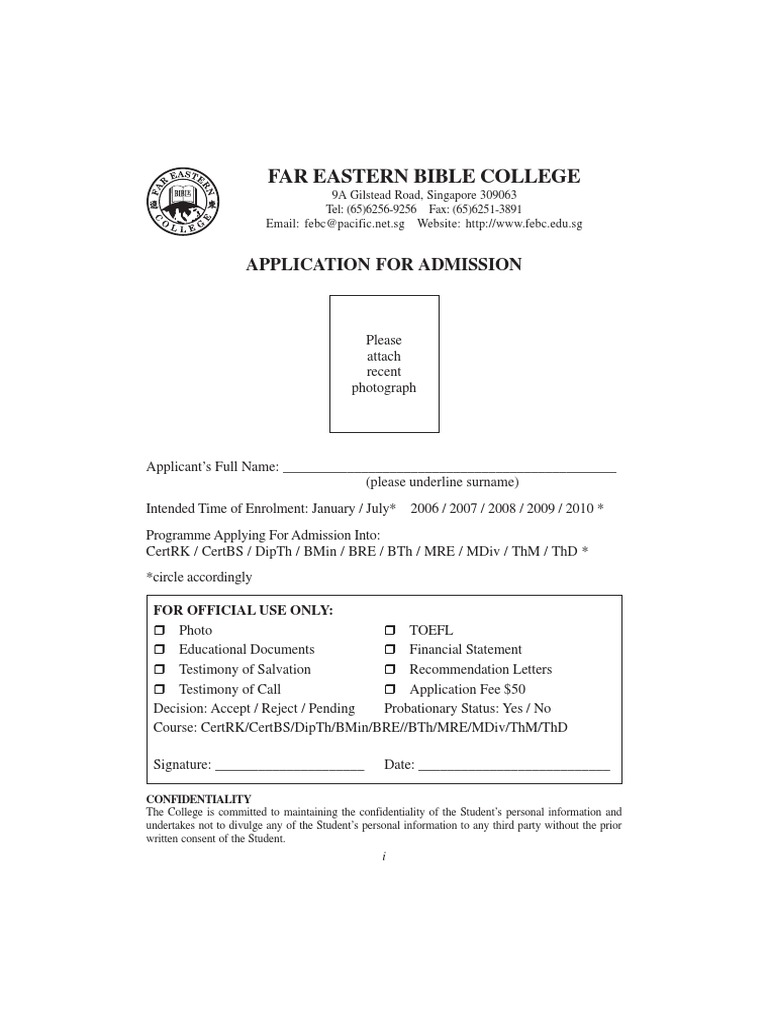 Far Eastern Bible College: Application For Admission | Download Free ...