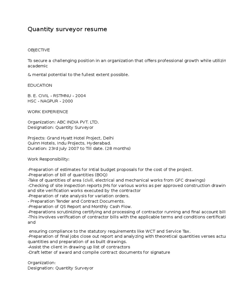 Quantity Surveyor Resumes Samples | PDF | Specification (Technical ...