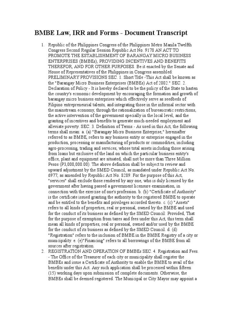 BMBE Law, IRR and Forms - Document Transcript | PDF | Licensure | Business