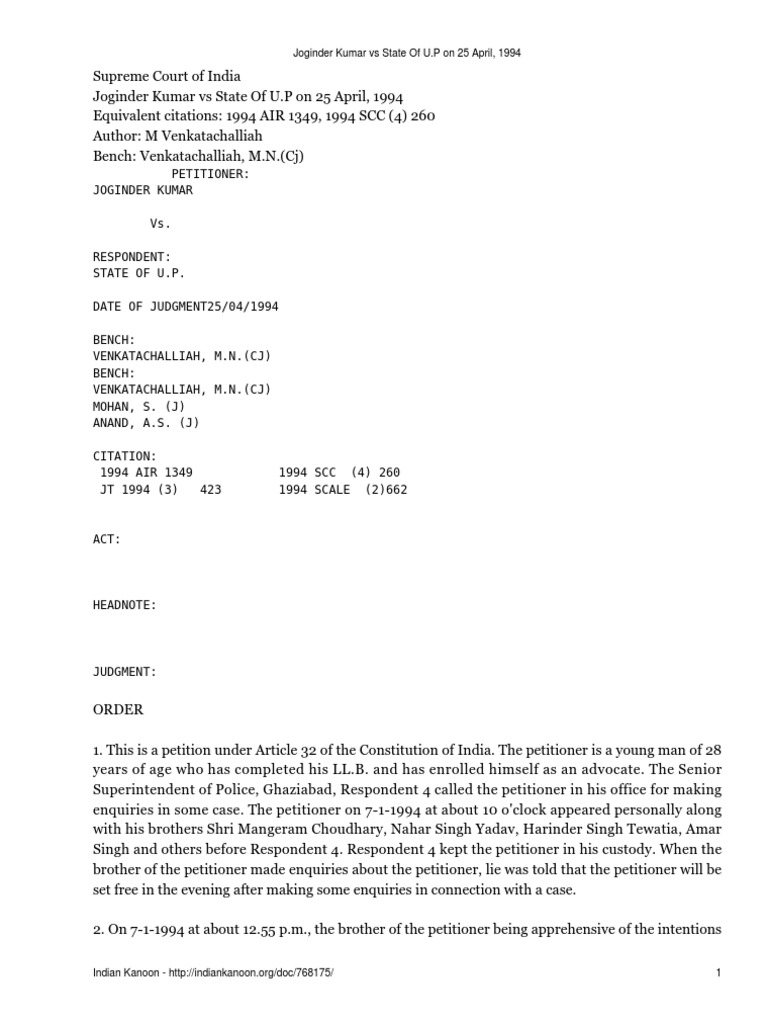 Joginder Kumar v. State of U.P. Summary | PDF | Arrest | Criminal ...