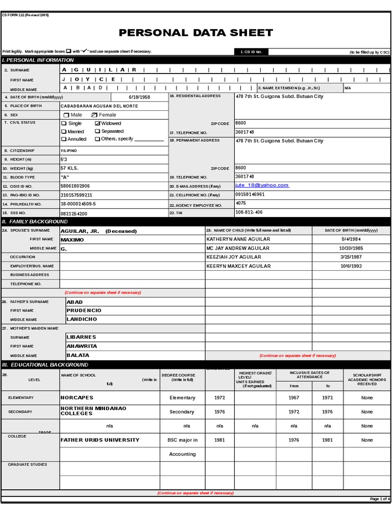 Personal Data Sheet: Q Q Q Q Q Q | PDF | Public Law | Virtue