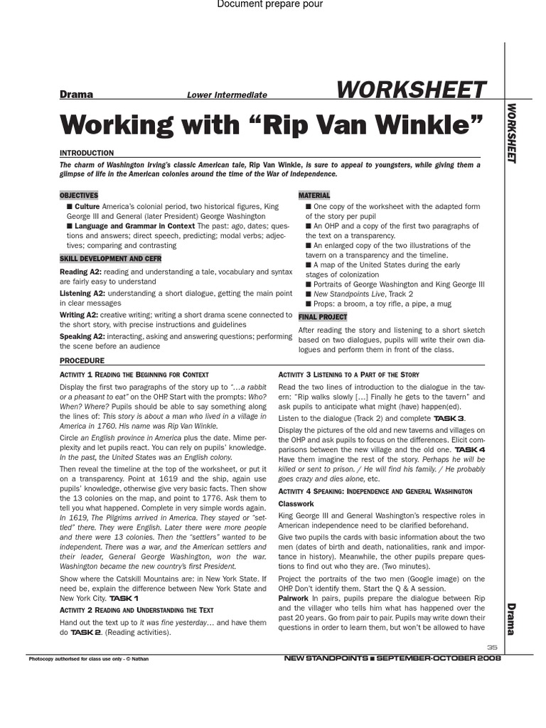 Working With "Rip Van Winkle": Worksheet | PDF | Rip Van Winkle | Tavern