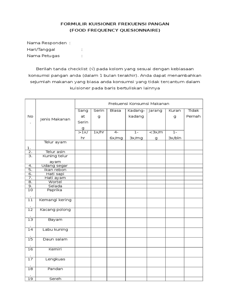 Contoh Kuisioner FFQ | PDF | Kesehatan Holistik
