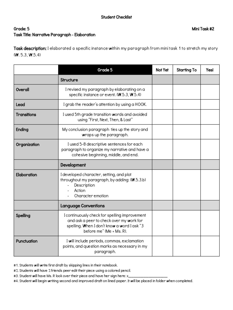 Grade 5 Narrative Paragraph Checklist | PDF