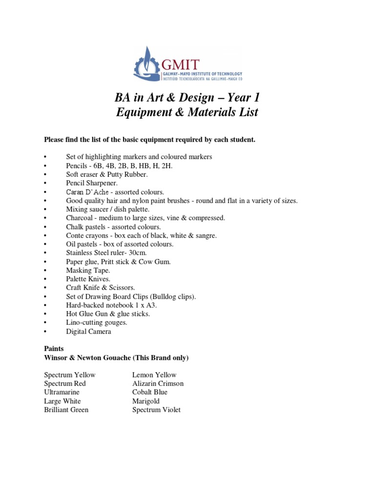 BA in Art & Design - Year 1 Equipment & Materials List | PDF