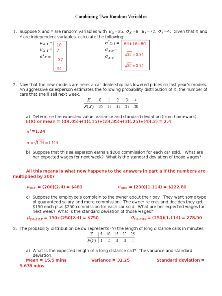 Combining Random Variables Answers | PDF | Variance | Standard Deviation