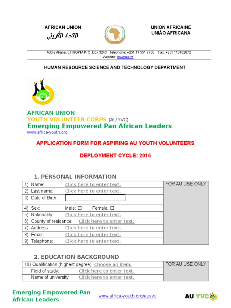 2015 AU-YVC ApplicationForm en F | PDF | African Union | Communication