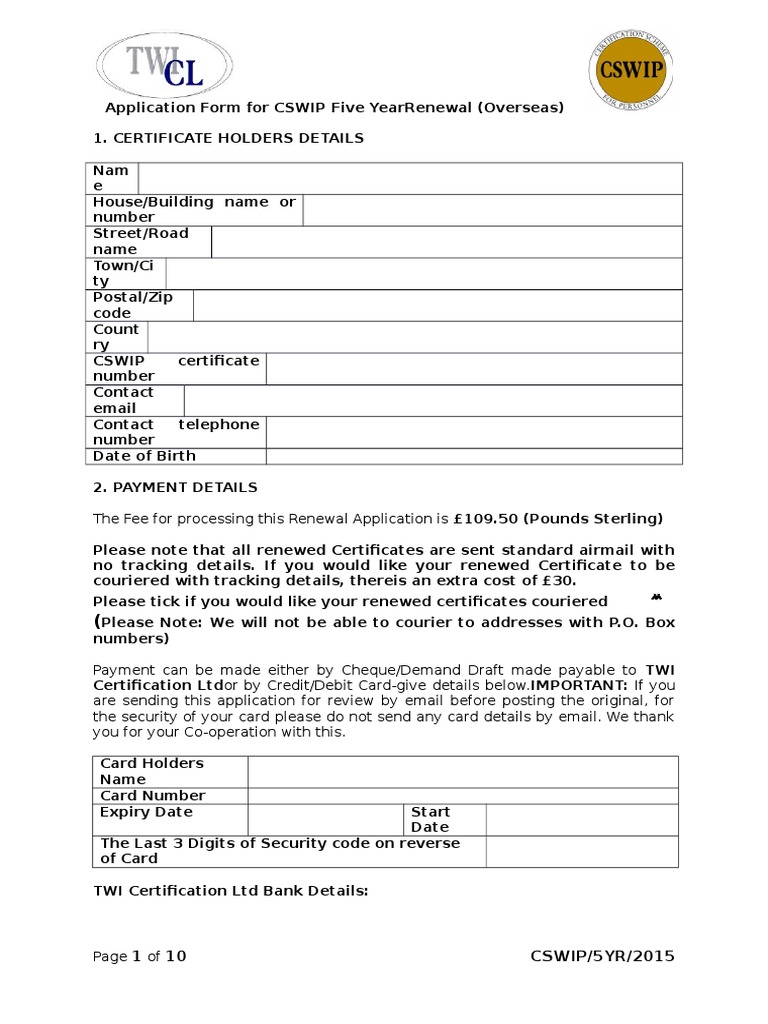 Application Form for CSWIP 5 Year Renewal (Overseas) No Logbook ...
