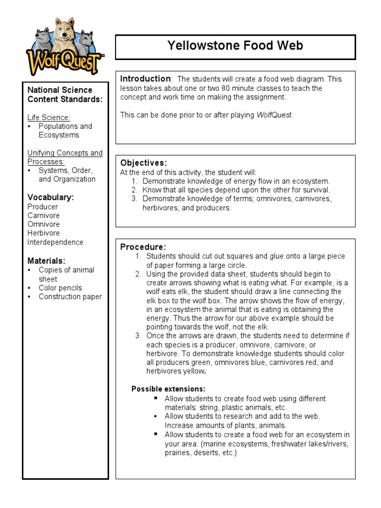 Yellowstone Ecosystem Food Web Activity | PDF | Food Web | Foods
