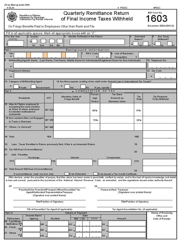 Quarterly Remittance Return of Final Income Taxes Withheld: On Fringe ...