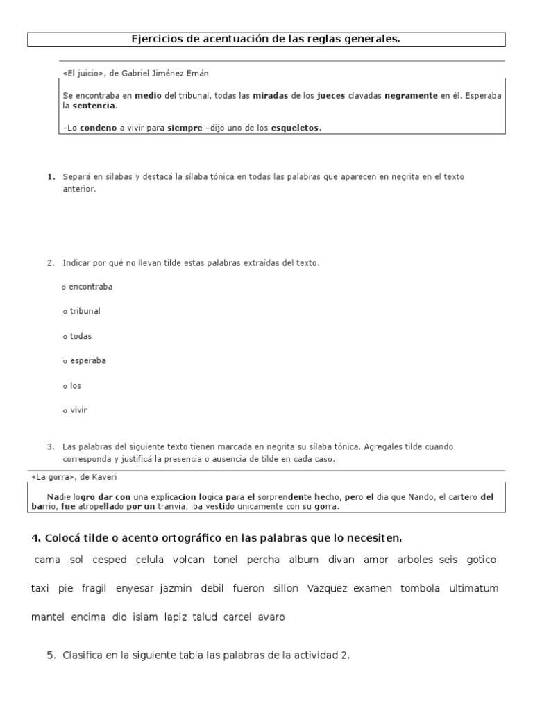 Ejercicios de Acentuación de Las Reglas Generales | PDF | Ortografía ...
