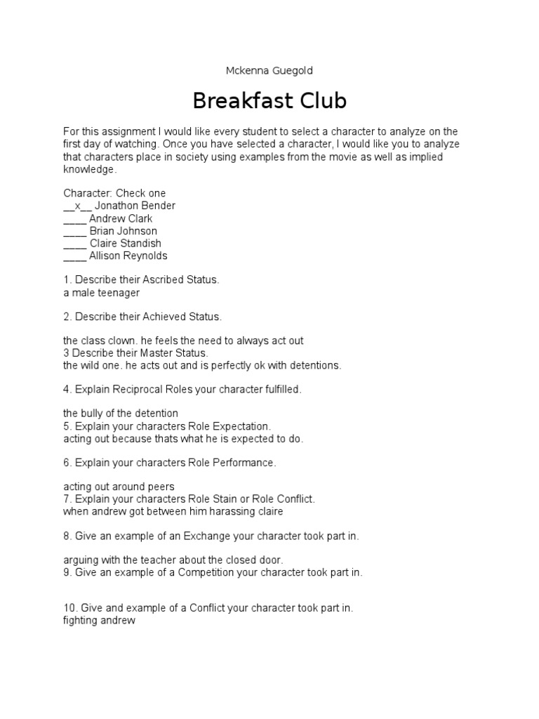 Analyzing Jonathon Bender's Role in Breakfast Club | PDF