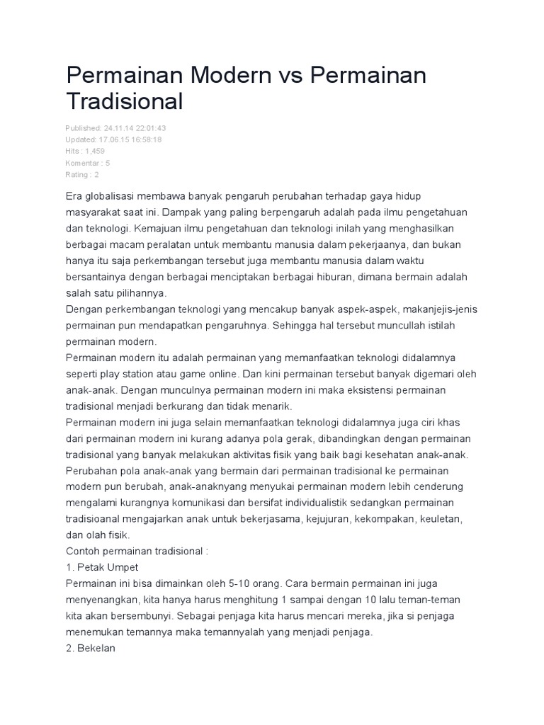 Permainan Modern Vs Permainan Tradisional | PDF