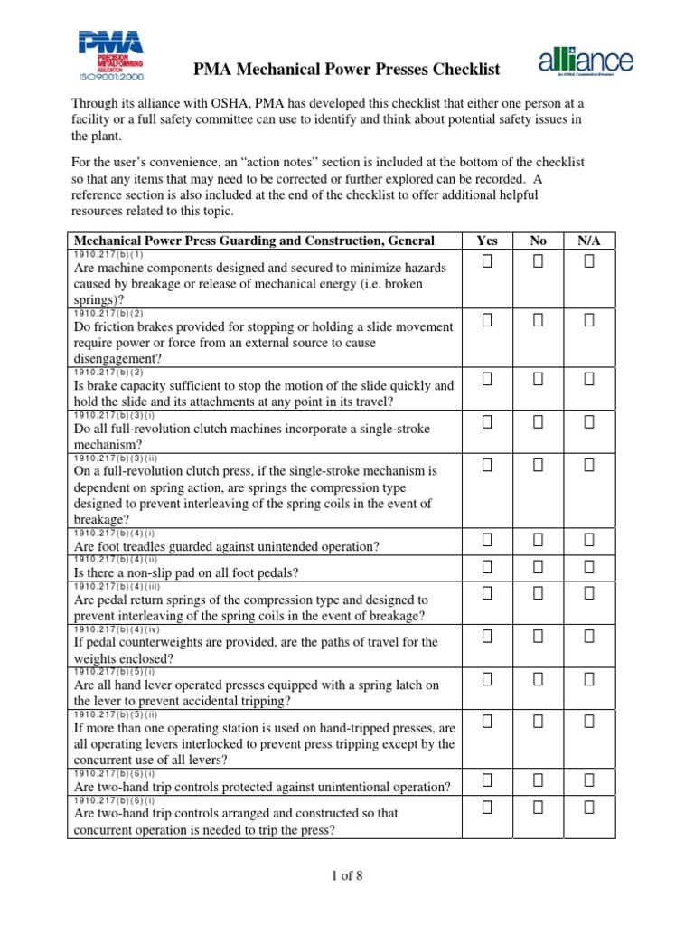 PMA Mechanical Power Press Checklist | PDF | Clutch | Brake