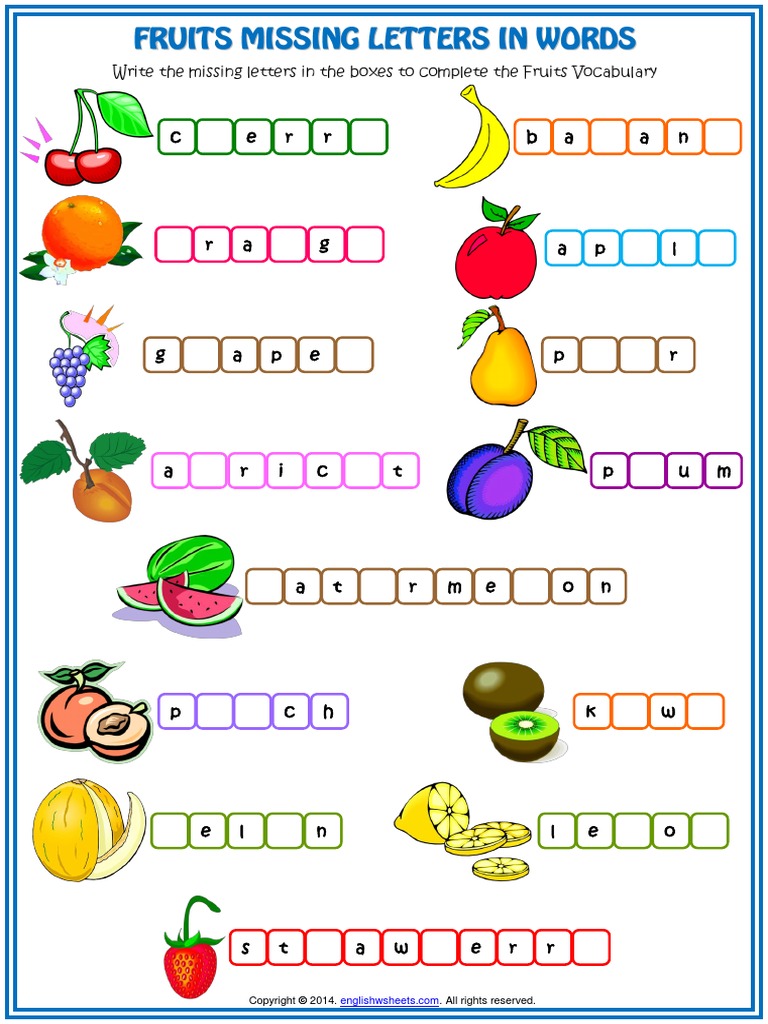 Fruit Vocabulary Missing Letters in Words Esl Worksheet | PDF ...