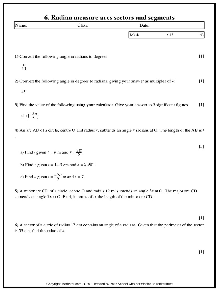 Radian Measure Arcs Sectors and Segments | PDF | Angle | Geometric ...