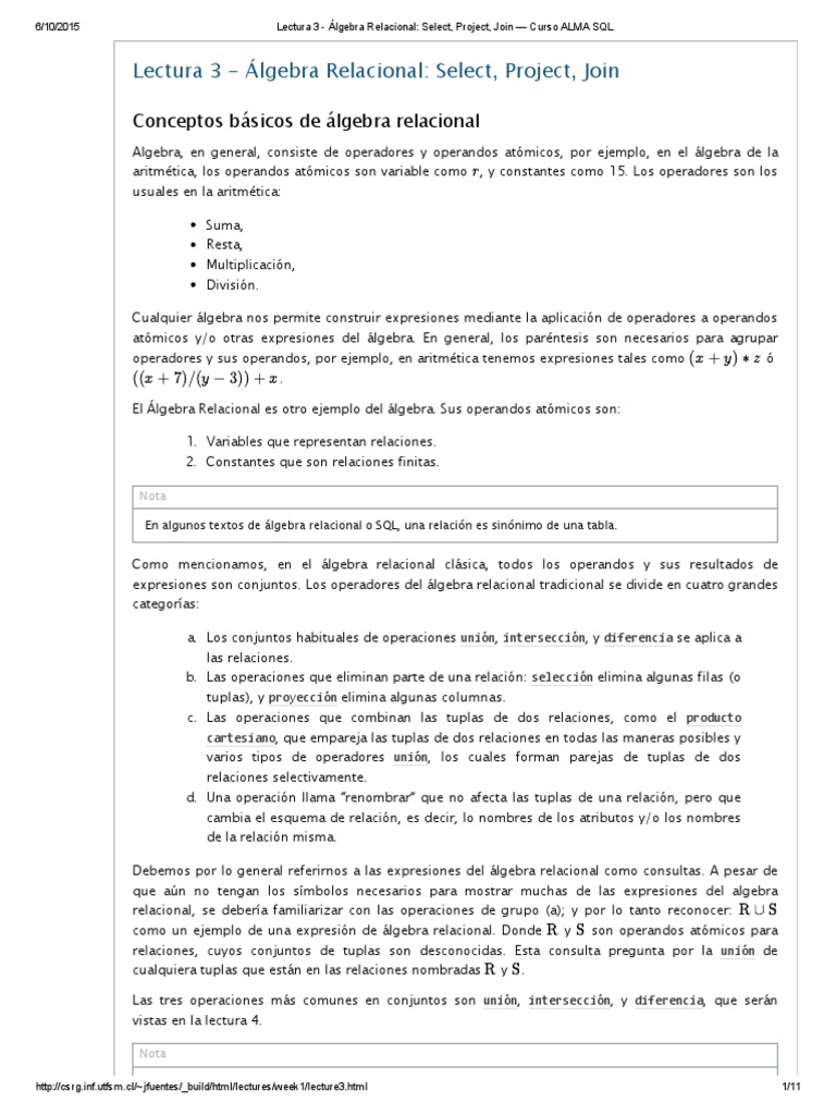 Álgebra Relacional: Select, Project, Join | PDF | Base de datos ...