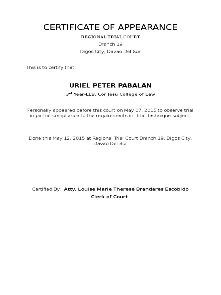 Certificate of Appearance - Digos City Court | PDF | Law