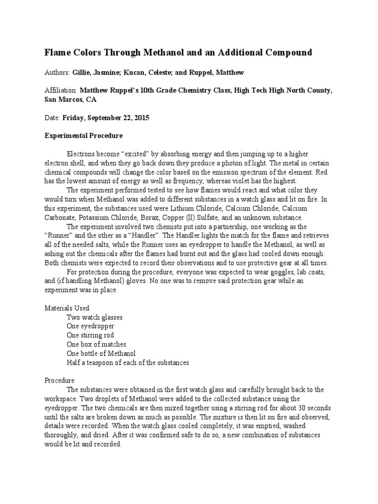 Flame Colors Through Methanol and An Additional Compound | PDF ...