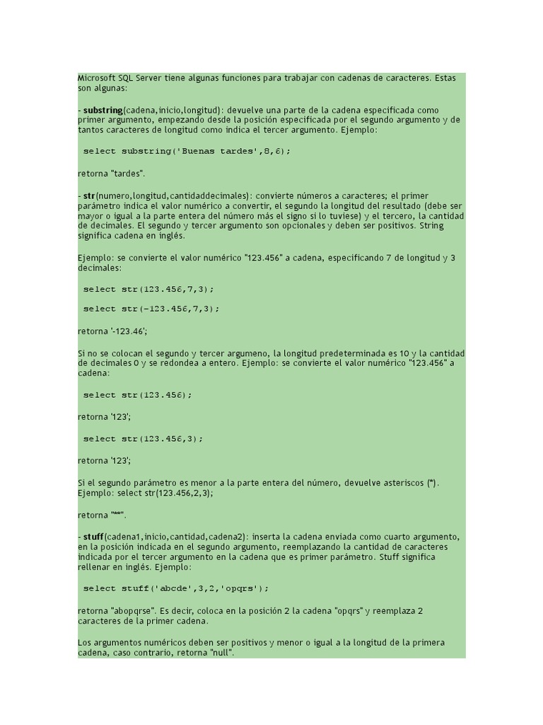 Microsoft SQL Server Tiene Algunas Funciones para Trabajar Con Cadenas de Caracteres | PDF ...