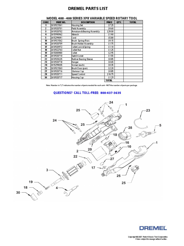 Dremel Parts List: Model 400 - 400 Series XPR Variable Speed Rotary ...