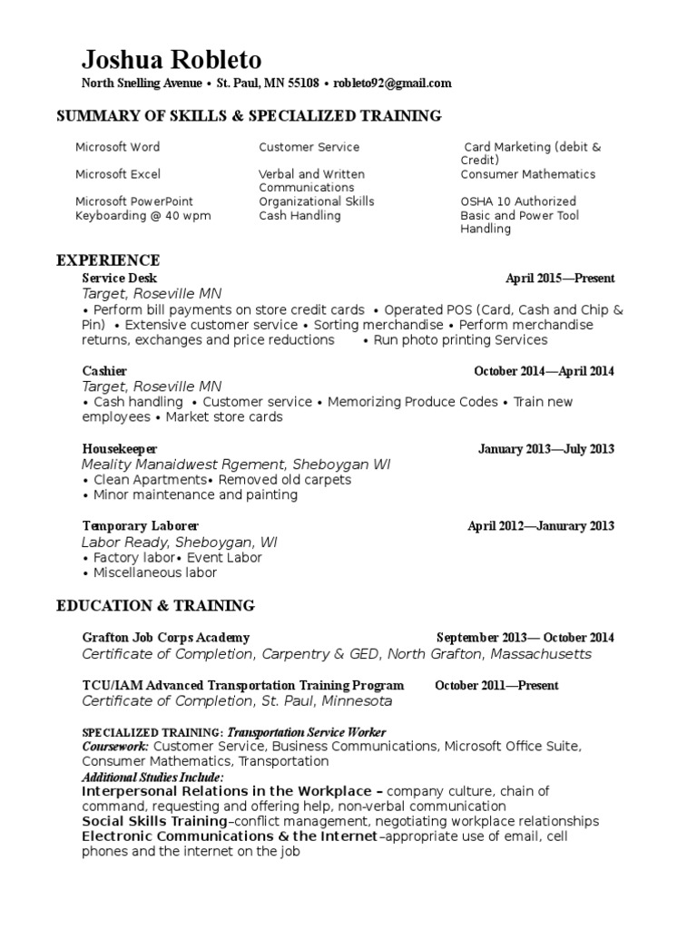 Joshua Robleto: Summary of Skills & Specialized Training | PDF | Career ...