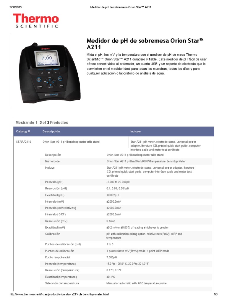 Medidor de PH de Sobremesa Orion Star™ A211 | PDF | Ph | Cantidades fisicas