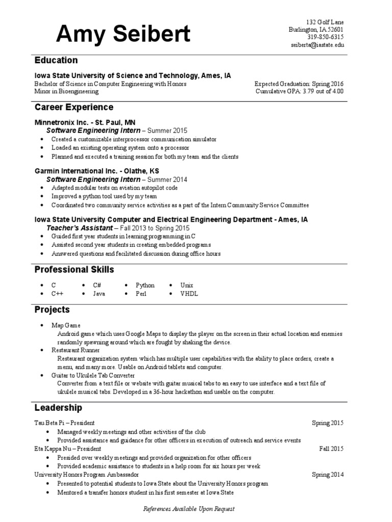 Amy Seibert's Computer Engineering Resume | PDF