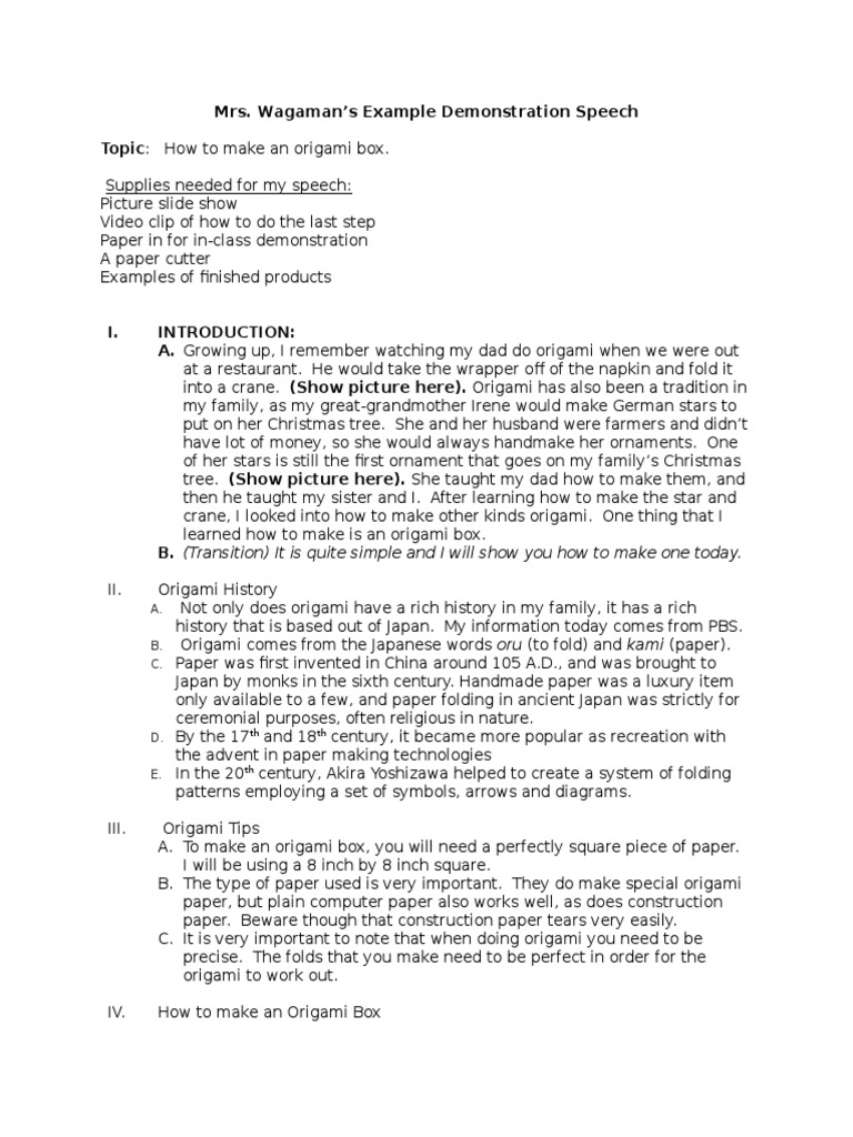 Demonstration Speech Sample Outline | PDF | Origami | Leisure