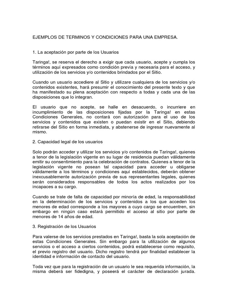 Ejemplos de Terminos y Condiciones Para Una Empresa