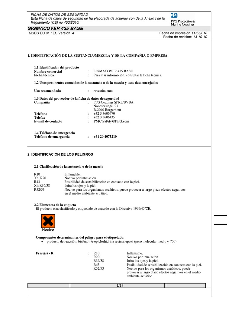 2msds Sigmacover 435 Base | PDF | Combustión | Dióxido de carbono