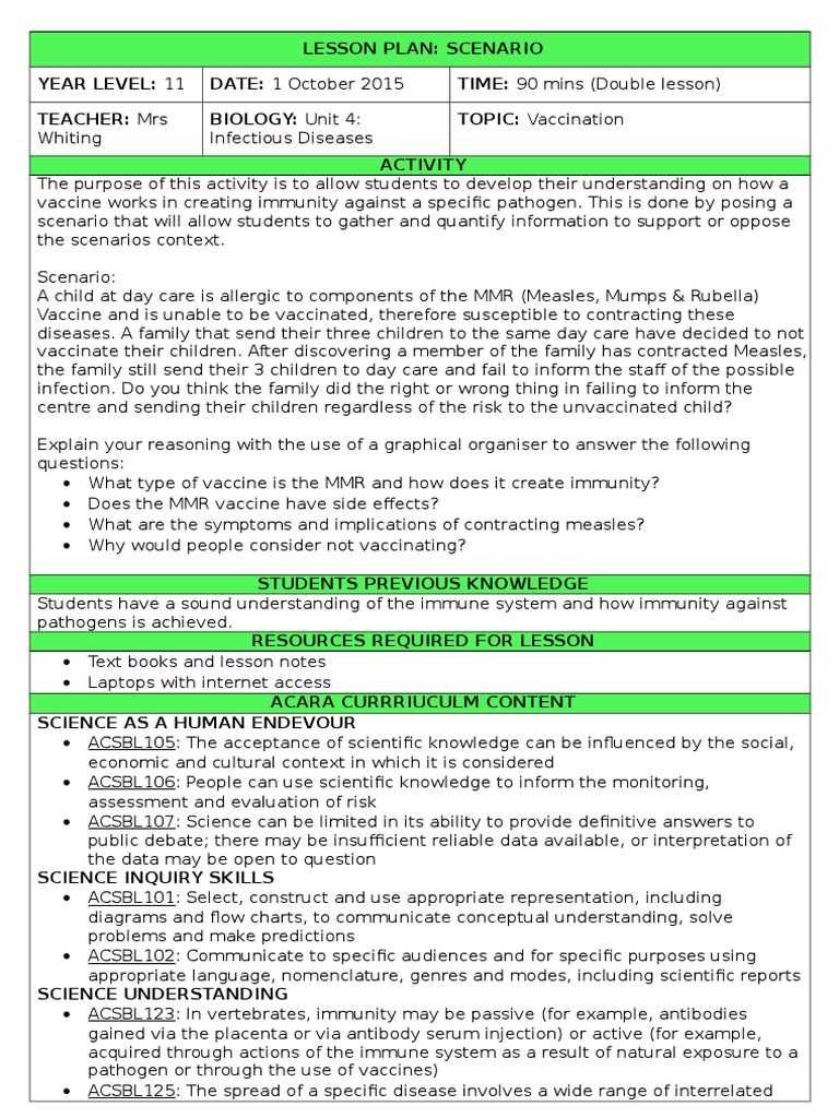 Lesson Plan Scenario | PDF | Immunity (Medical) | Vaccines