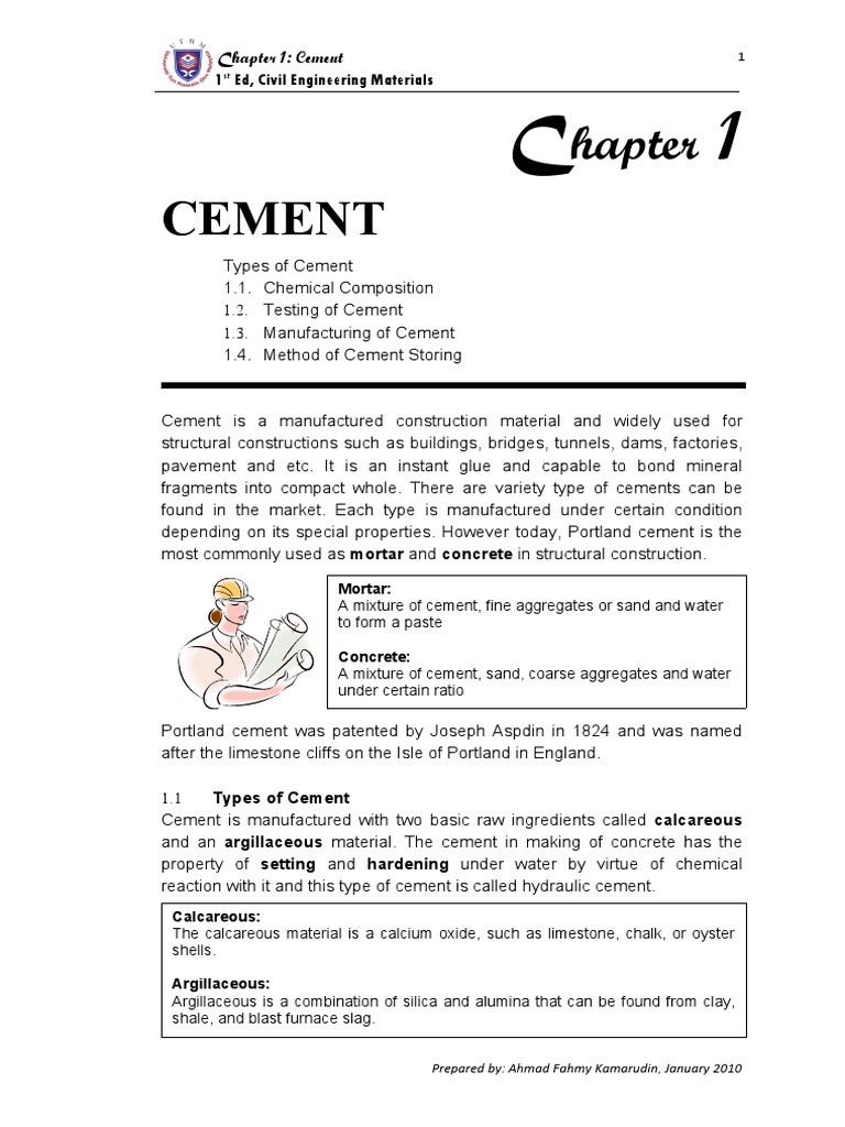 Chapter 1 Cement Civil Engineering Material | PDF | Cement | Mortar ...