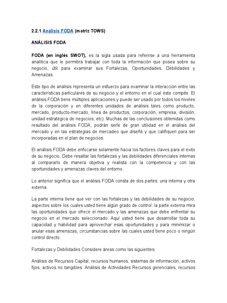 2.2.1 Análisis FODA (Matriz TOWS) | PDF | Análisis FODA | Mercado ...