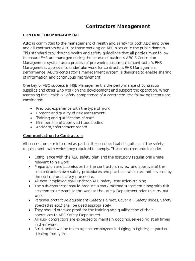 Contractor Management Procedure | PDF | Safety | Occupational Safety ...