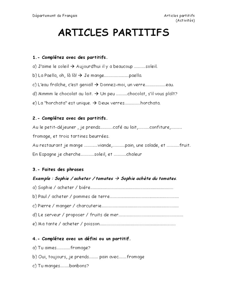 Exercices sur les articles partitifs | PDF | Préparation de nourriture ...