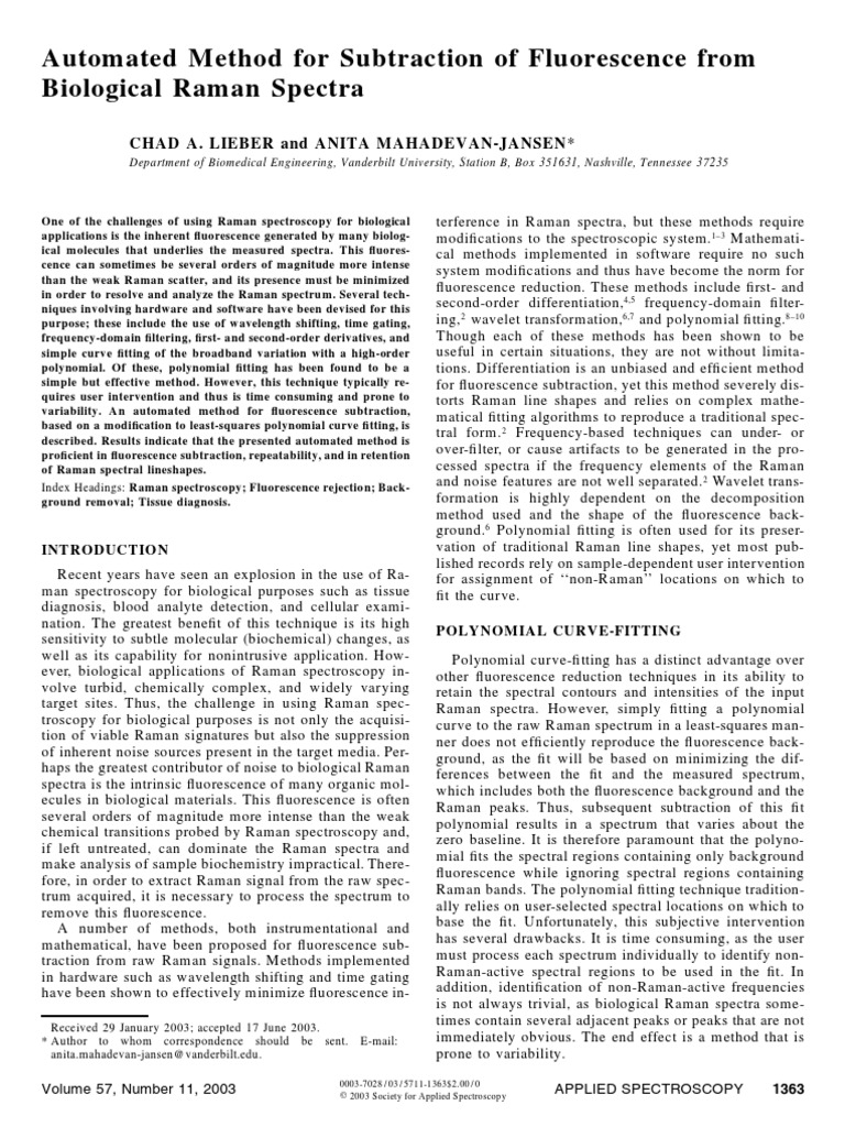 Automated Method For Subtraction of Fluorescence From Biological Raman Spectra | PDF | Raman ...