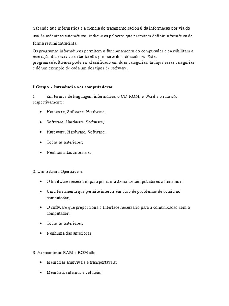 Teste de TIC | PDF | Hardware de computador | Armazenamento de dados de ...