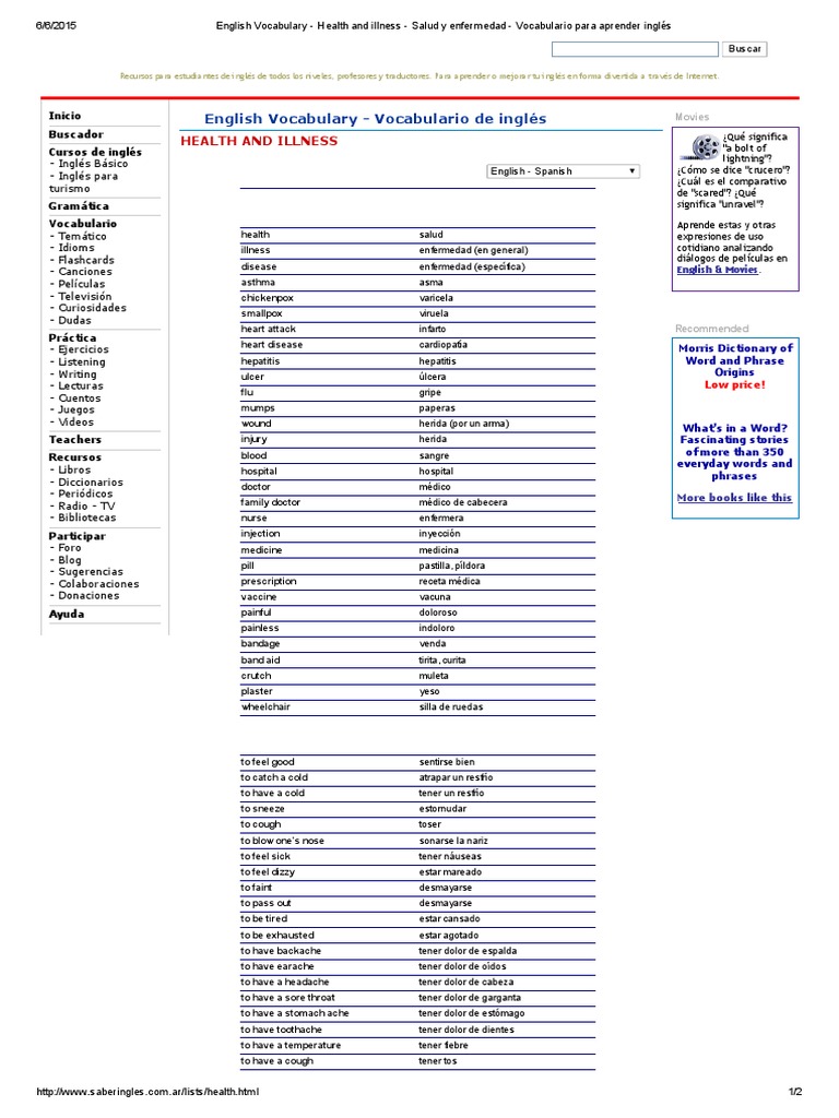 English Vocabulary - Health and Illness - Salud y Enfermedad ...